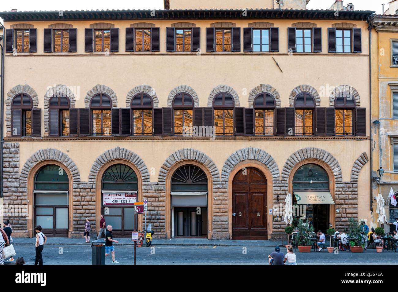 Florence, Italy - August 11, 2021: facade of medieval house with ...