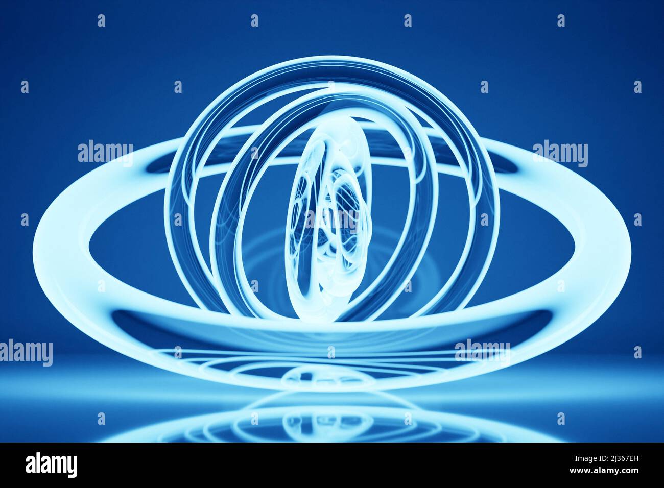 Abstract dynamic blue neon shape with blue smooth objects, sides. 3D ...