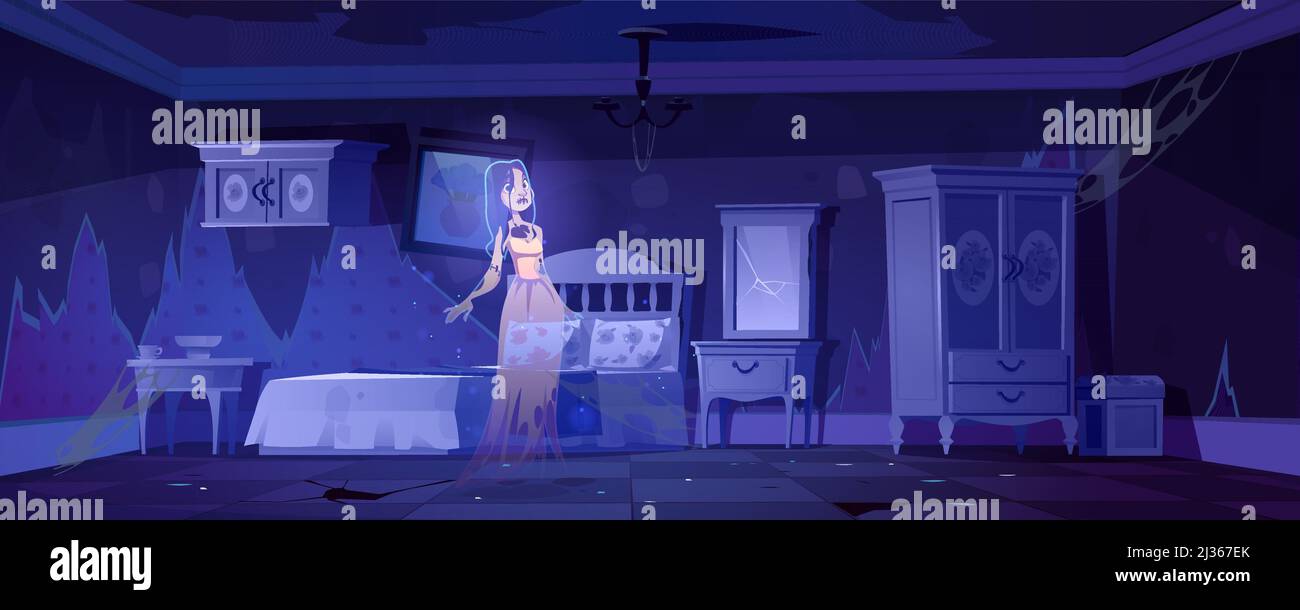 Woman ghost in old bedroom at night. Vector cartoon interior of empty ...