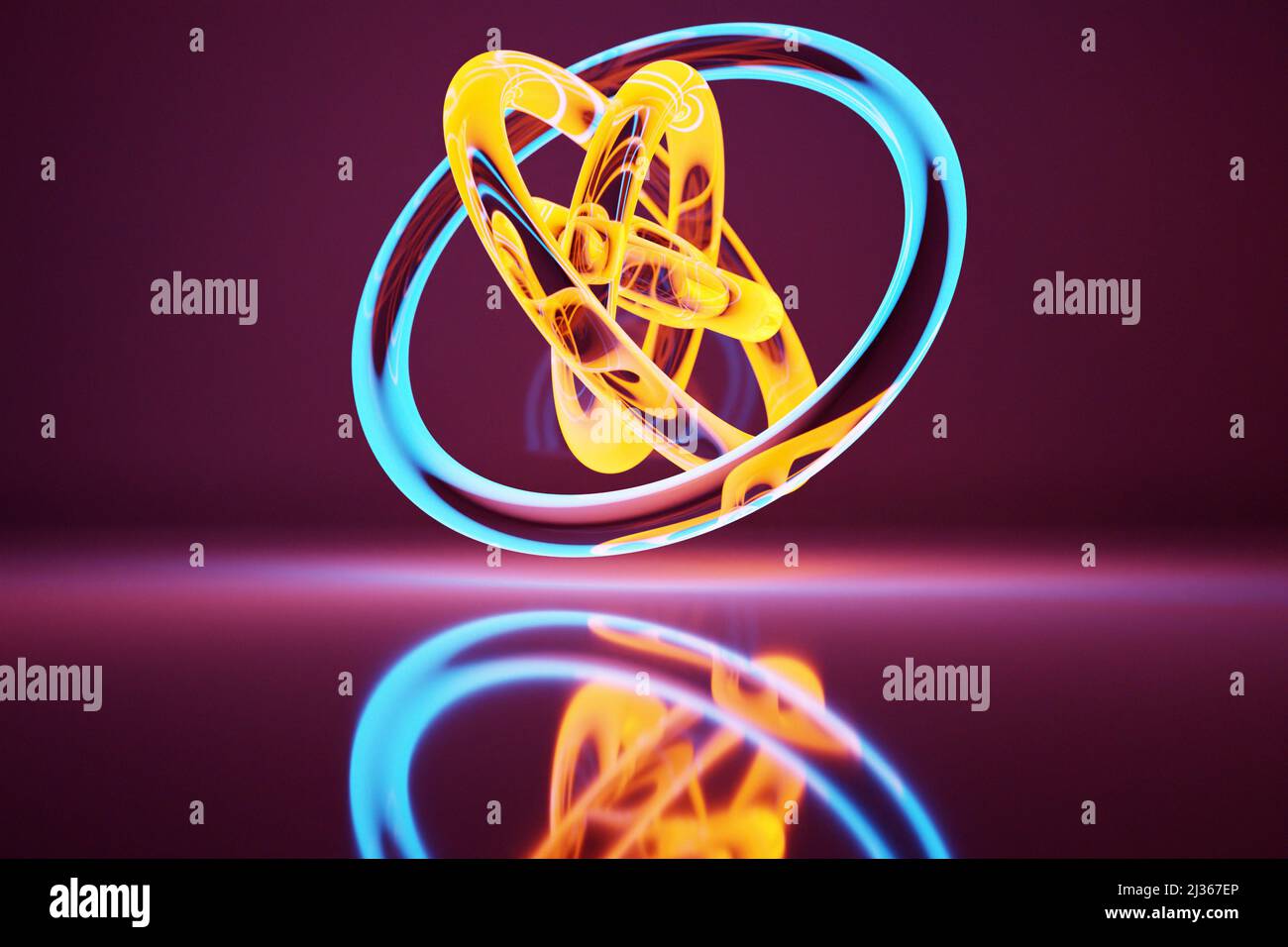 Abstract dynamic neon shape with blue smooth objects, sides. 3D ...