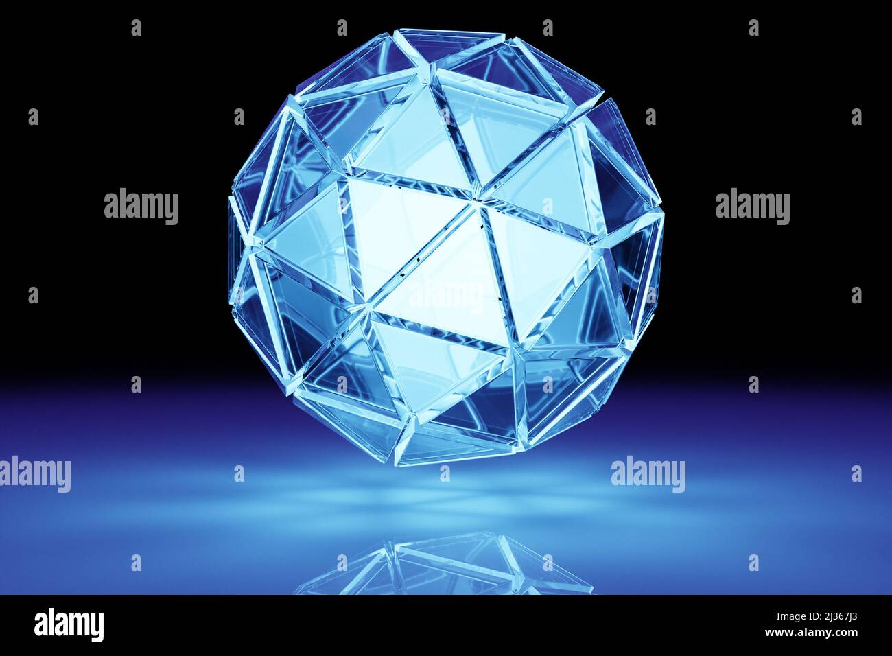 3D illustration of a blue lighting ball with many faces, crystals ...
