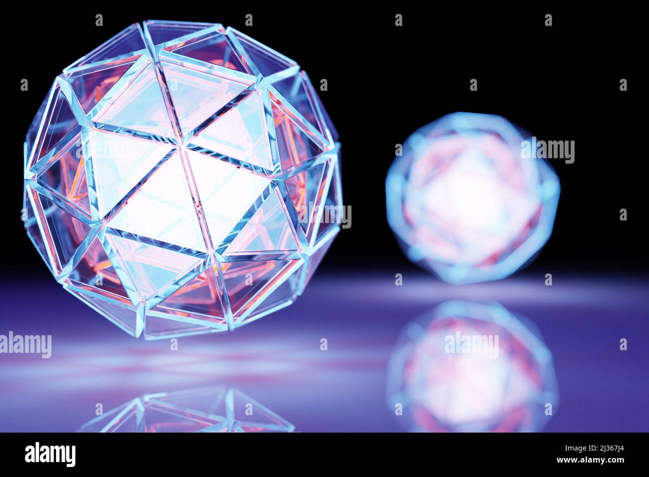 3D illustration of a blue lighting ball with many faces, crystals ...