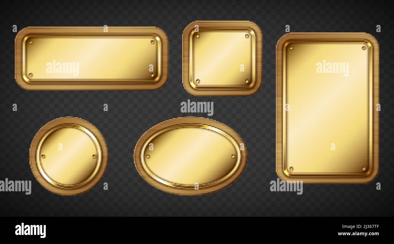 Gold name plates with wooden frame and screws isolated on transparent ...
