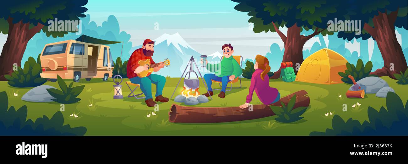Summer camp with people sitting near bonfire. Vector cartoon landscape ...