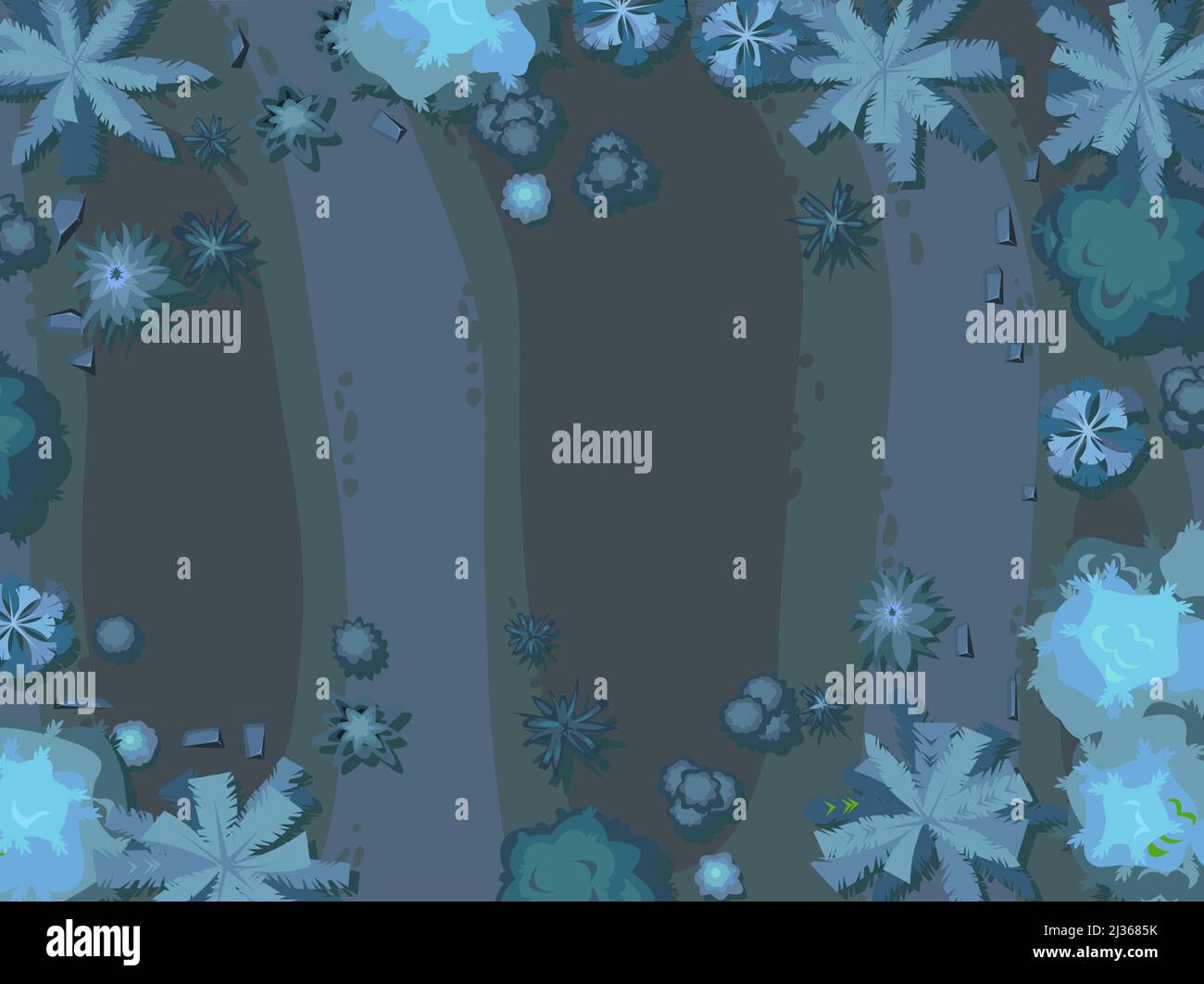 Night tropic plant landscape top view. Wild palm trees and bushes. Dark ...