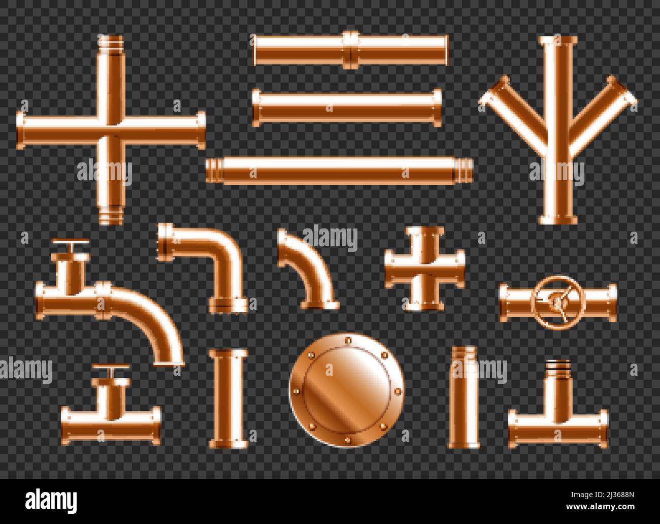Copper water pipes, plumbing pipeline elements with taps, valve and connectors isolated on ...