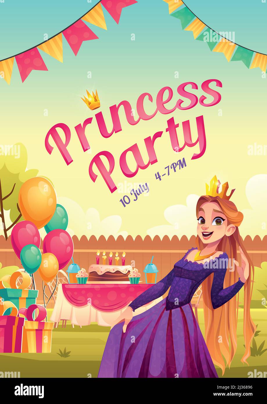 Princess party cartoon poster with girl in crown and dress at house ...