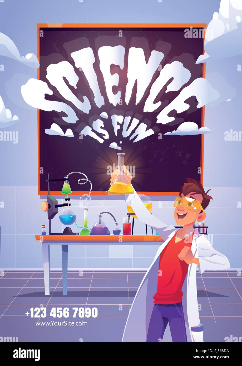 Science is fun cartoon poster with happy chemist holding glass flask ...