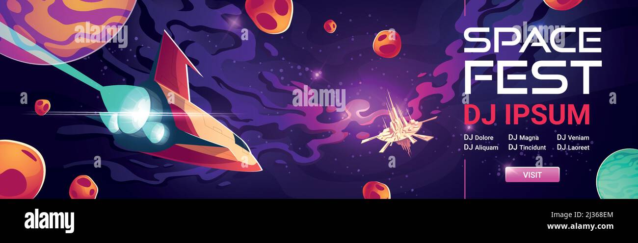 Space fest cartoon web banner, invitation to music show or concert with ...