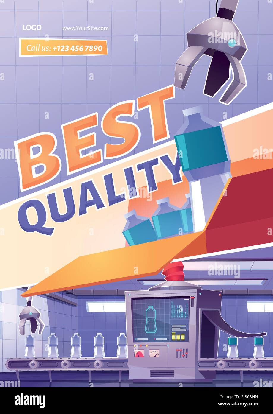 Best product quality cartoon ad poster. Factory conveyor belt with ...