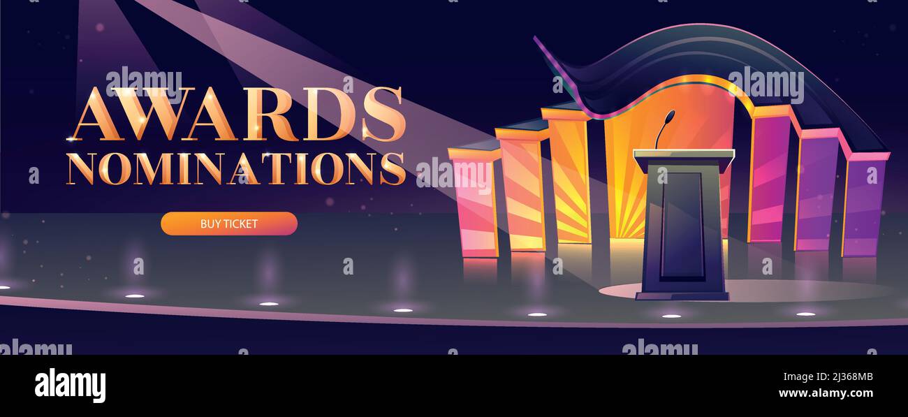 Award nominations cartoon banner with tribune, microphone, glowing ...