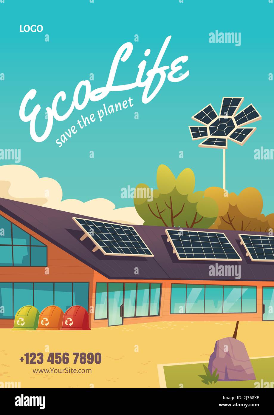 Eco life poster with modern house with solar panels and trash bins for ...