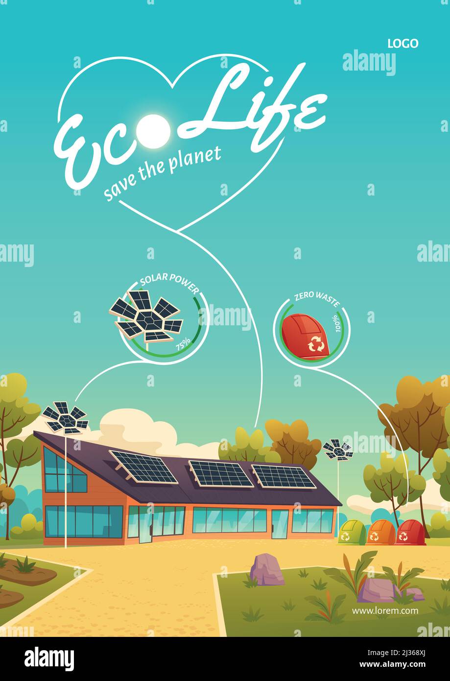 Eco life poster with modern house with solar panels and trash bins for ...
