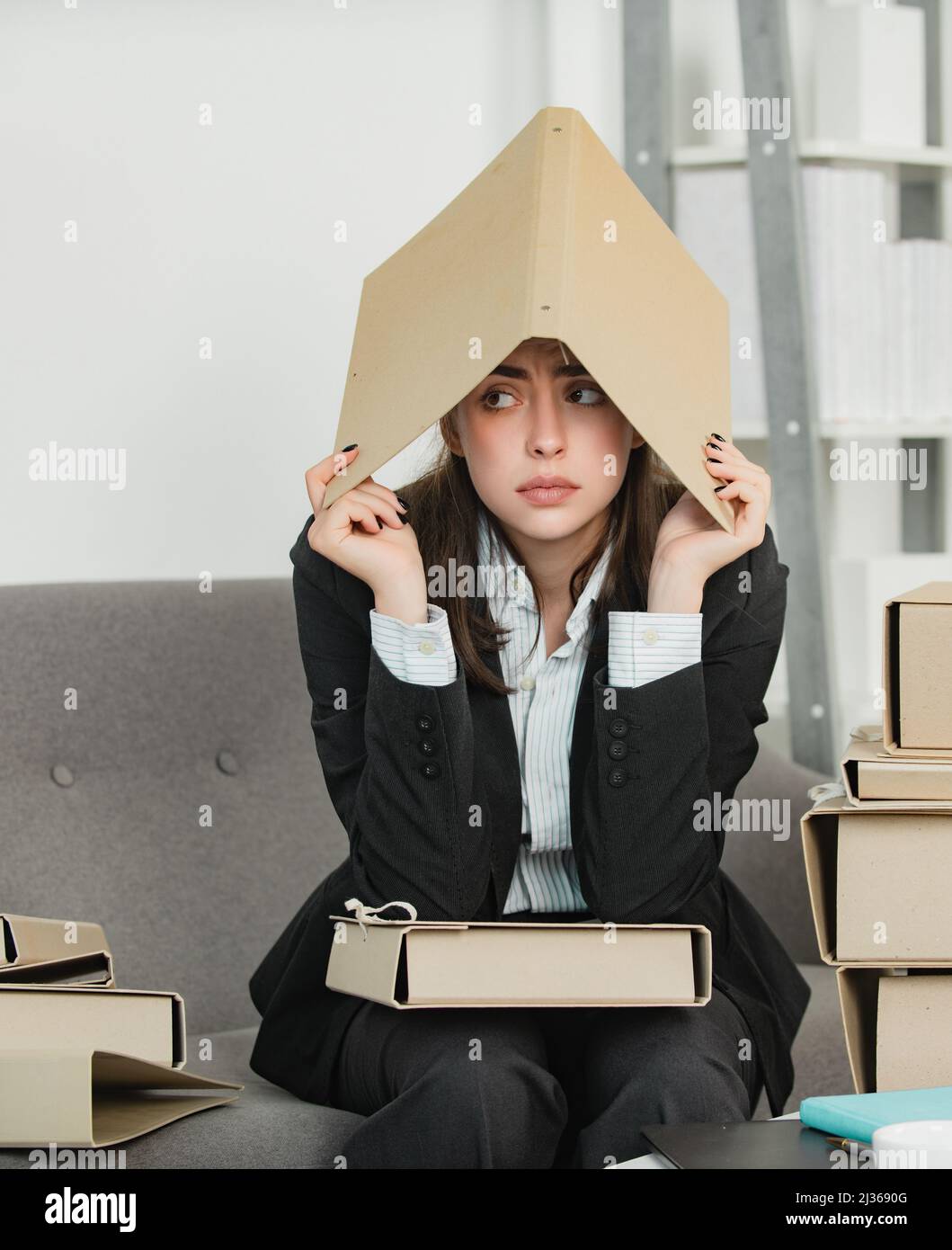 Crazy Business Sad Secretary Girl Stressed Overworked Businesswoman