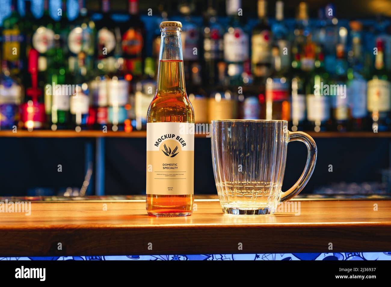 Beer bottle mock-up against blurred bar counter Stock Photo - Alamy