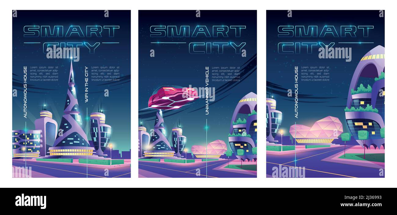 Smart city posters with night town with skyscrapers, futuristic ...