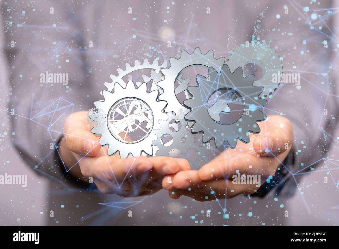 A 3d render of Connecting gears, lines and dots. Big data visualization ...