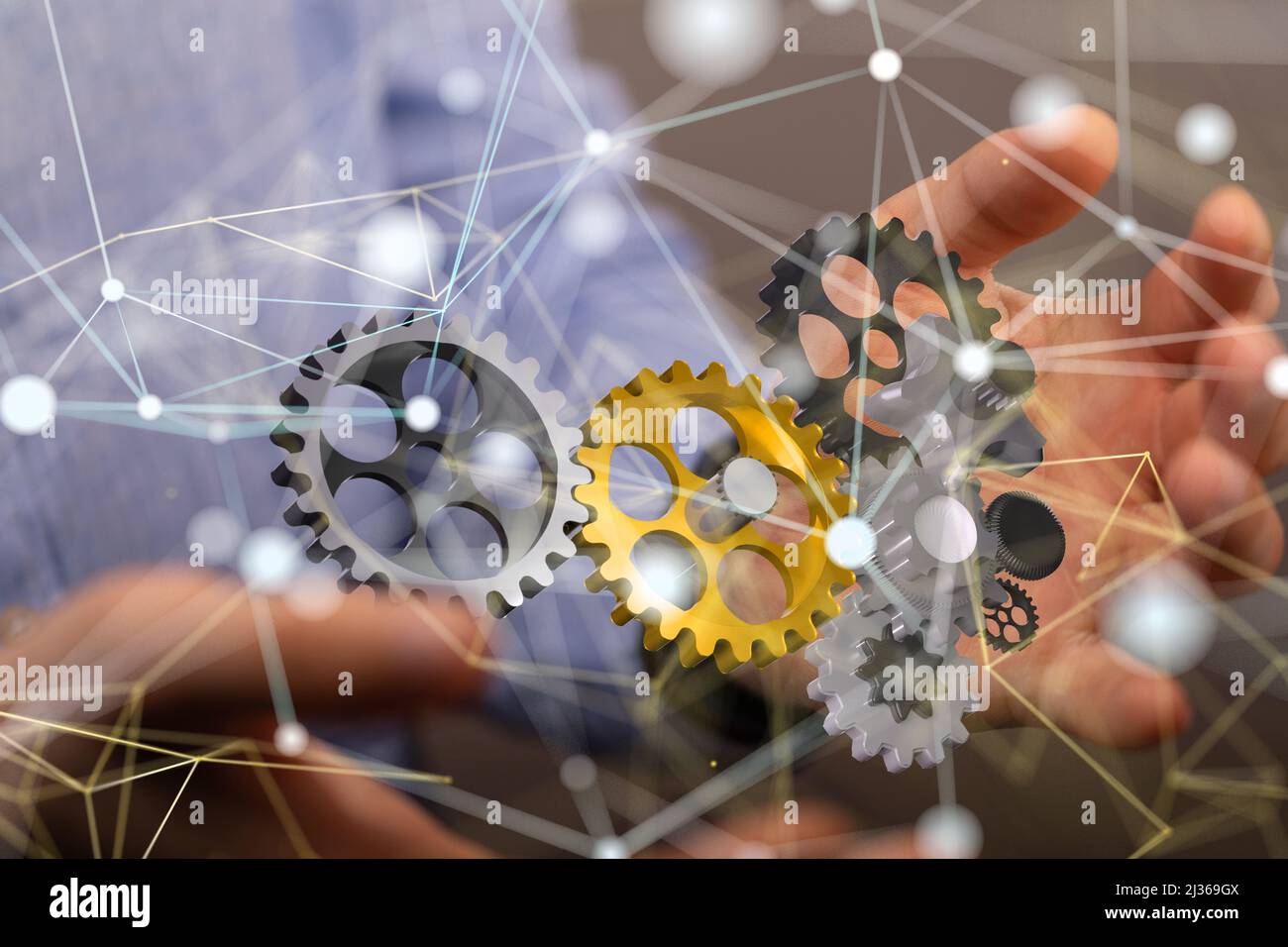 A 3d render of male fingers Connecting gears, lines and dots. Big data ...