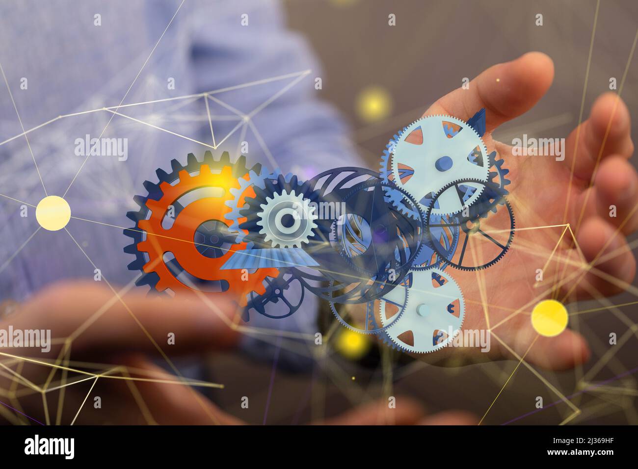 A 3d render of Connecting gears, lines and dots. Big data visualization ...