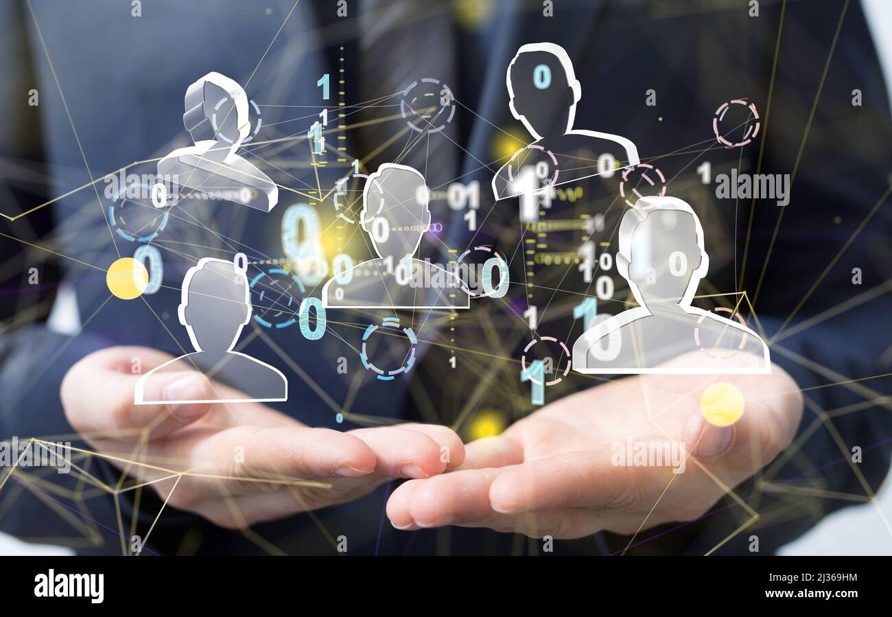 A 3d render of male fingers connecting conference Digital Network and ...