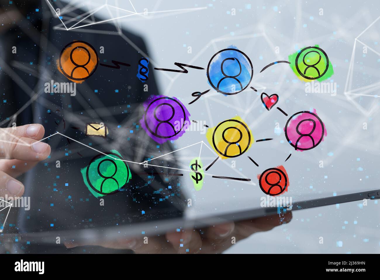 A 3d render of male fingers connecting conference Digital Network and ...