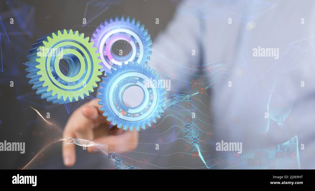 A 3d render of Connecting gears, lines and dots. Big data visualization ...