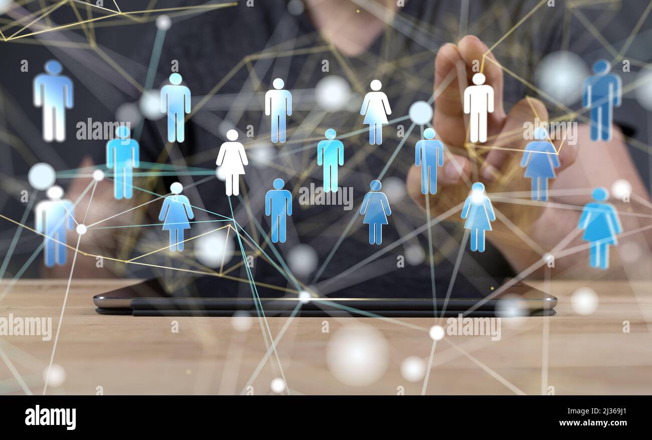 A 3d render of male fingers connecting conference Digital Network and ...