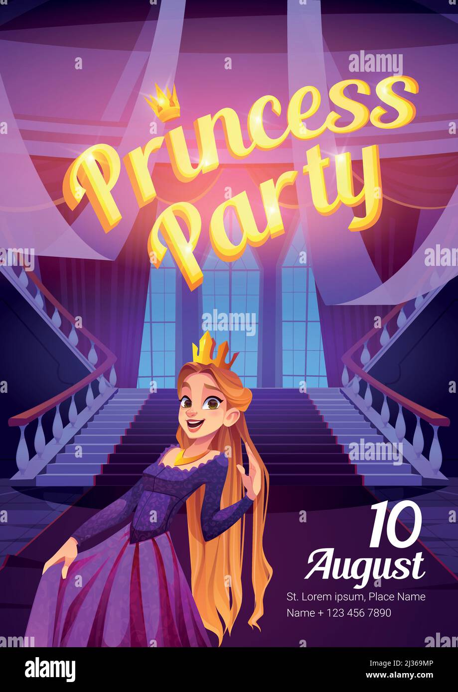 Princess party cartoon flyer with girl in crown and royal dress at ...