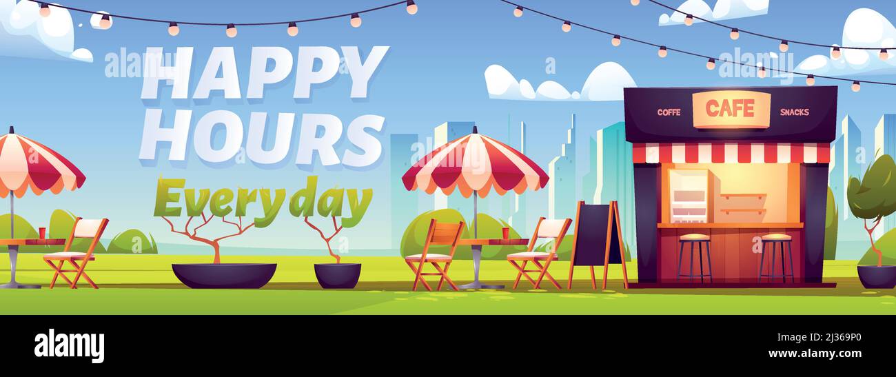 Happy hours in outdoor cafe with coffee and snacks. Vector poster with ...