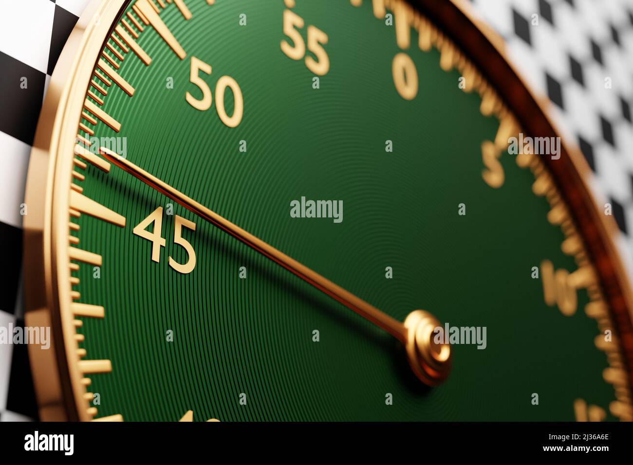 3d illustration close up of black round clock, stopwatch shows the ...