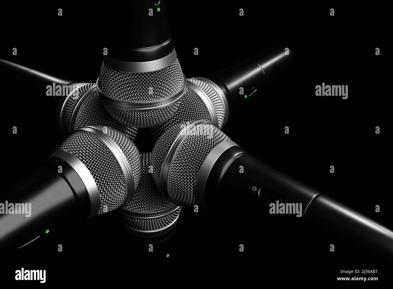 Microphones, round shape model on black background, realistic 3D mockup ...