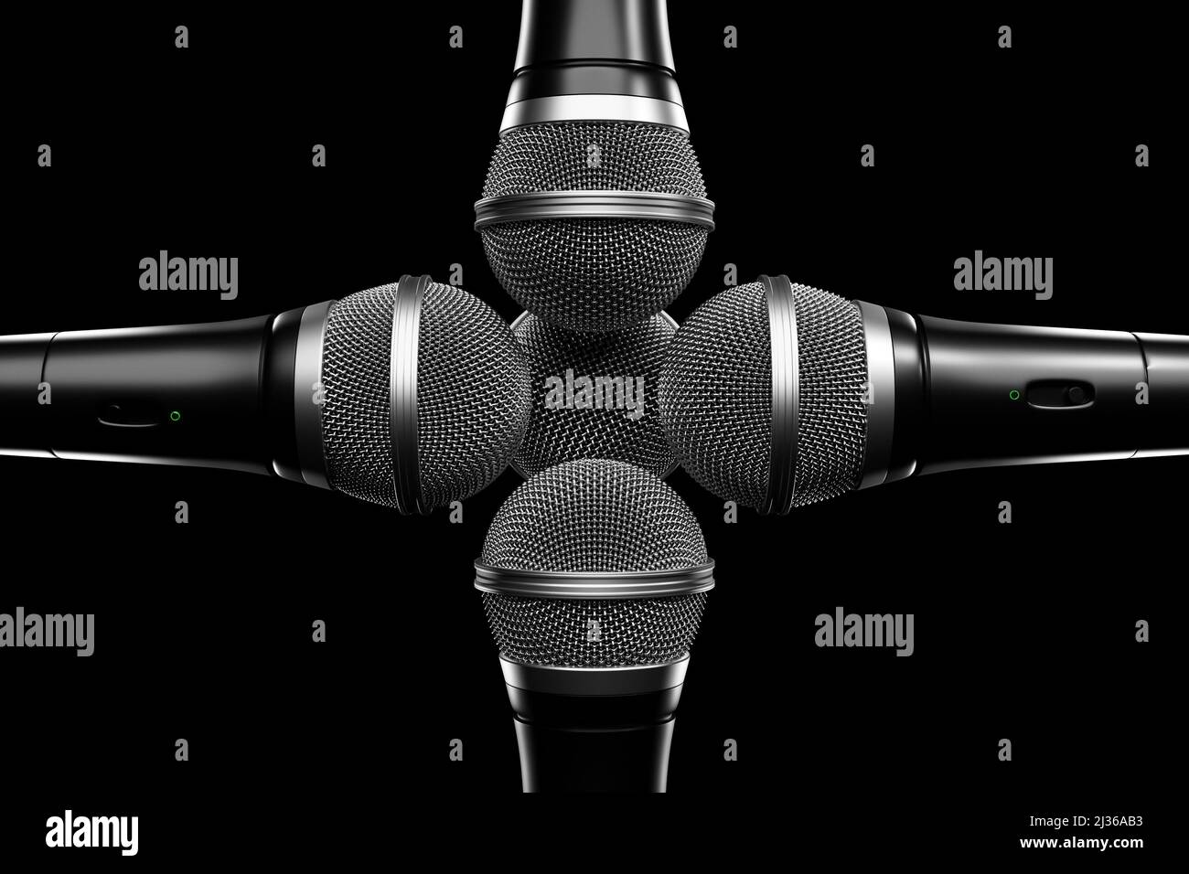Microphones, round shape model on black background, realistic 3D mockup ...