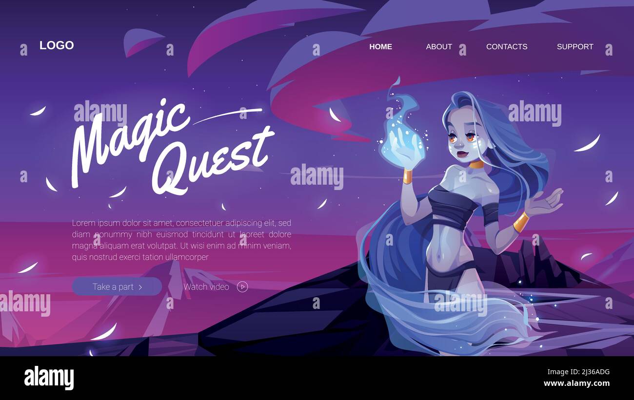 Magic banner with mystic girl hold blue fire on hand in night forest ...