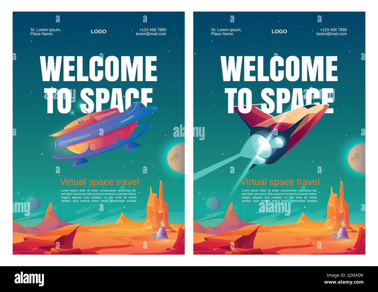 Virtual space travel posters. Vector flyers with cartoon landscape of ...