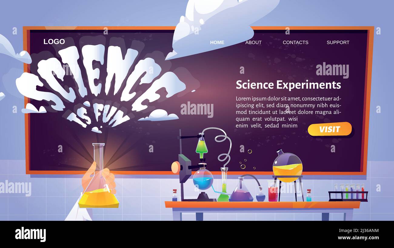 Science is fun cartoon landing page with hand holding glass flask in ...