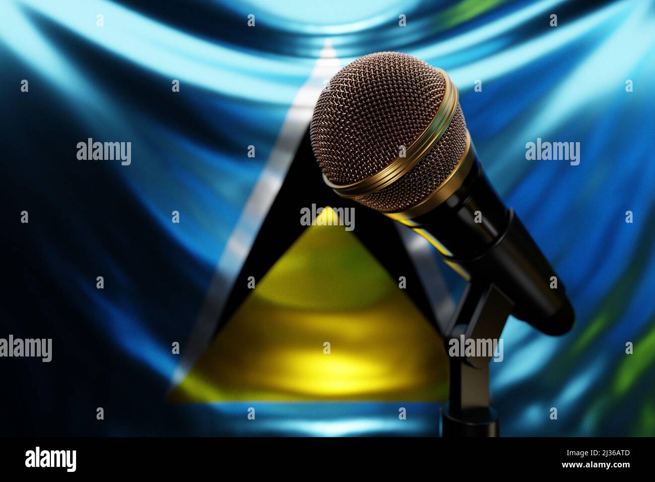 Microphone on the background of the National Flag of Saint Lucia ...