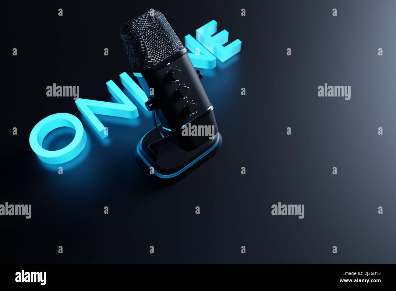 3d illustration, retro pink microphone with neon green signboard ONLINE ...