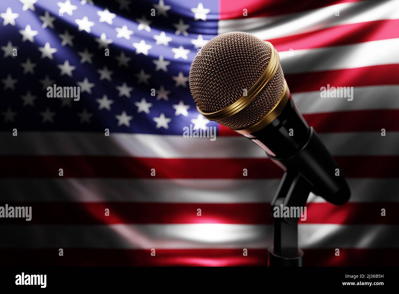 Microphone on the background of the National Flag of America, realistic ...