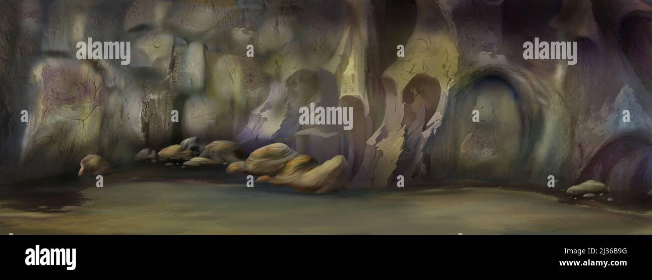Large cave with drawings of ancient people on the walls. Digital ...