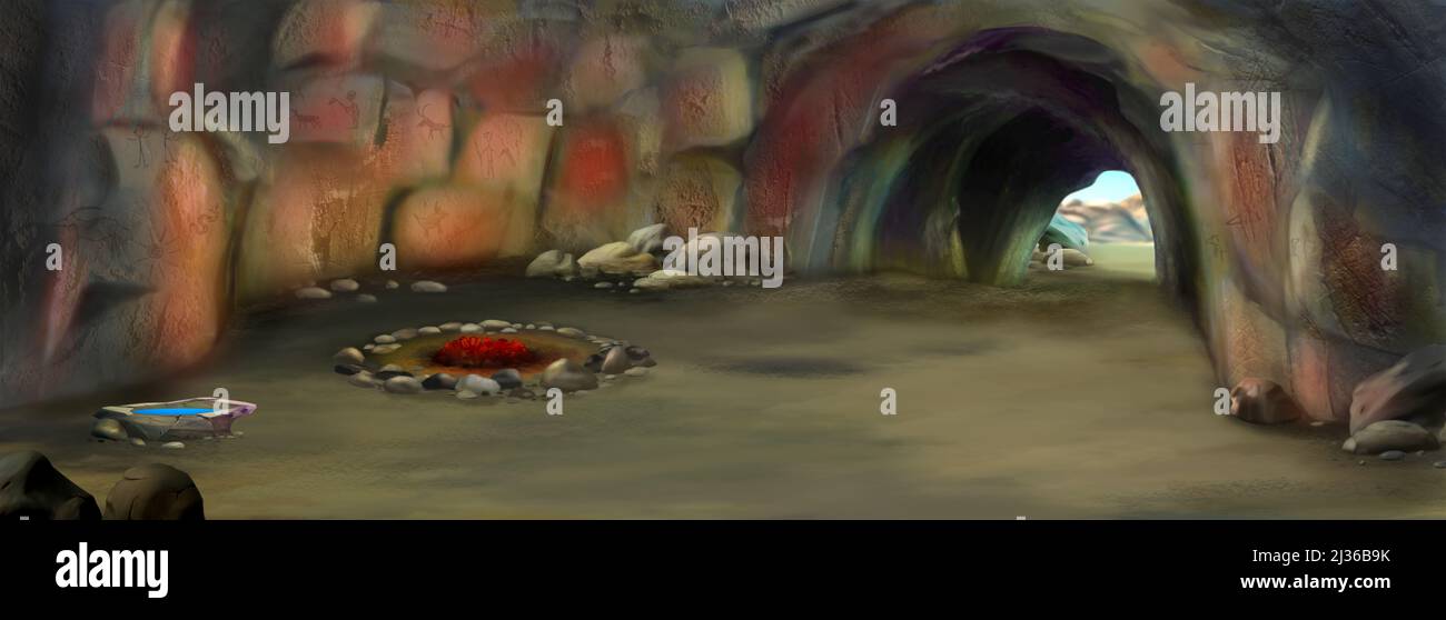 Caveman cave in prehistoric era. Digital Painting Background ...