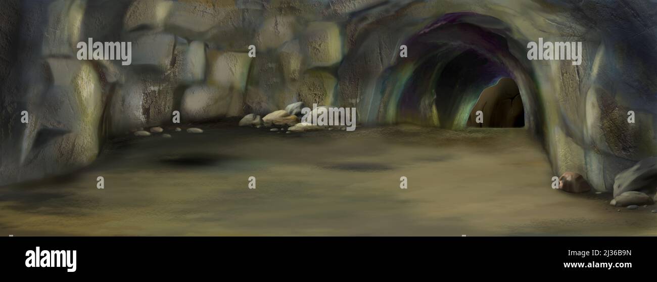 Caveman cave in prehistoric era. Digital Painting Background ...