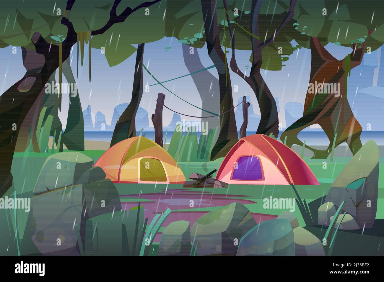 Summer camp with tents in forest at rainy weather. Vector cartoon ...