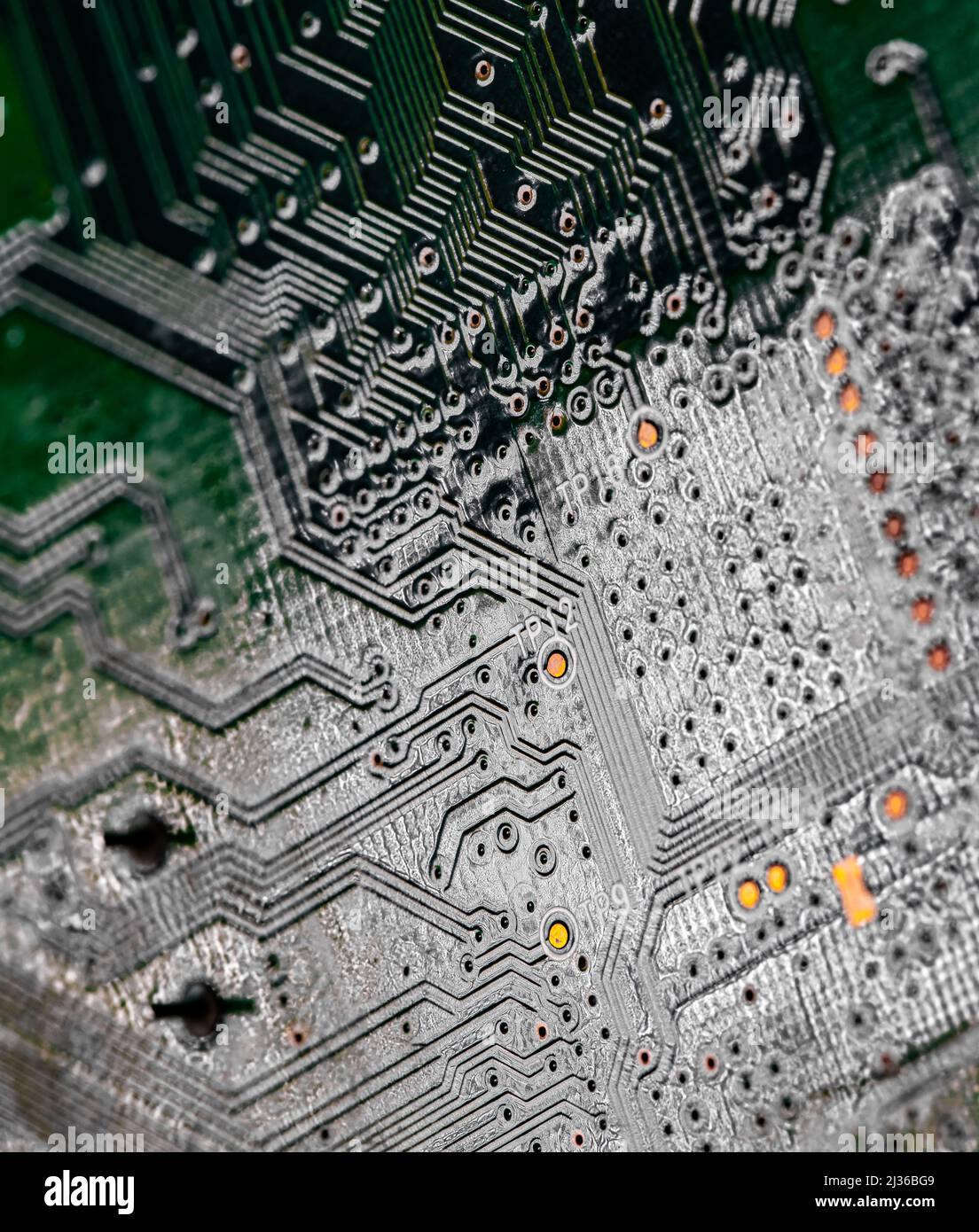 Macro Close up of printed wiring on PC circuit board of modem router ...