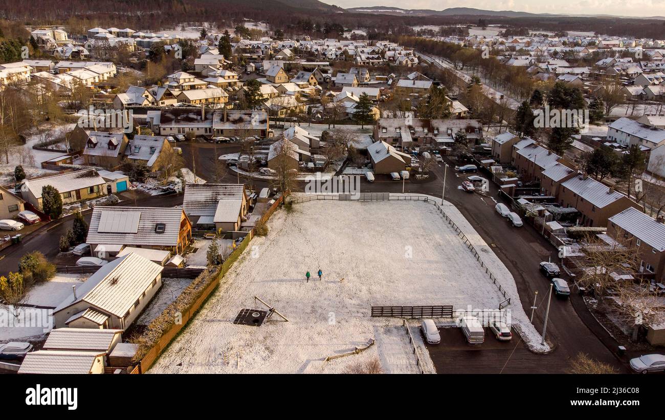 Aviemore in the Scottish highlands is snowfell, in aerial scenes after ...