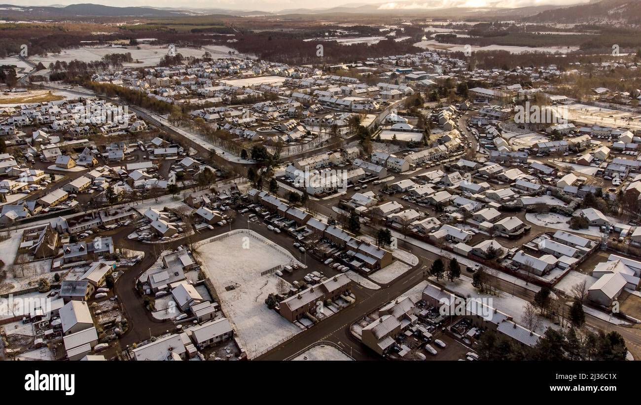 Aviemore in the Scottish highlands is snowfell, in aerial scenes after ...