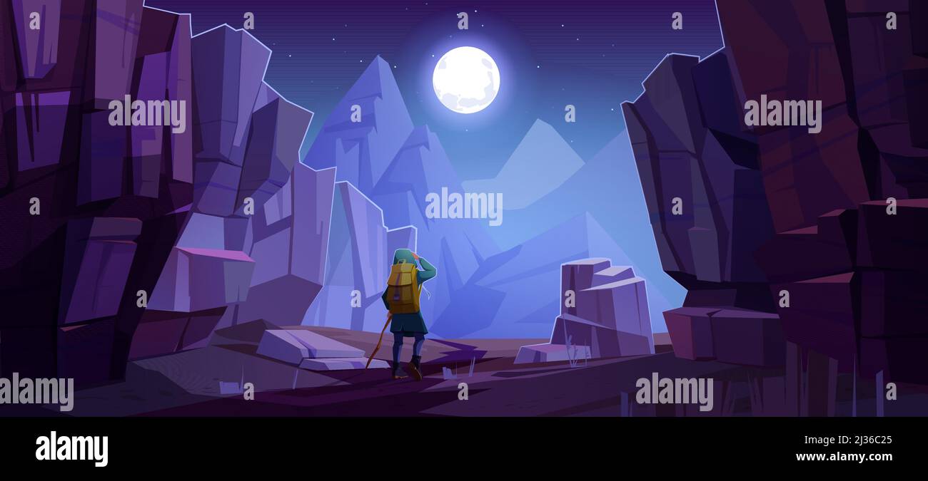 Hiker man on road in mountains at night. Vector cartoon landscape of ...