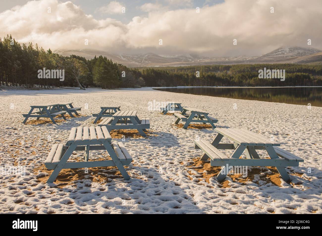 Loch Morlich beach in the Scottish highlands is snowfell after Scotland ...