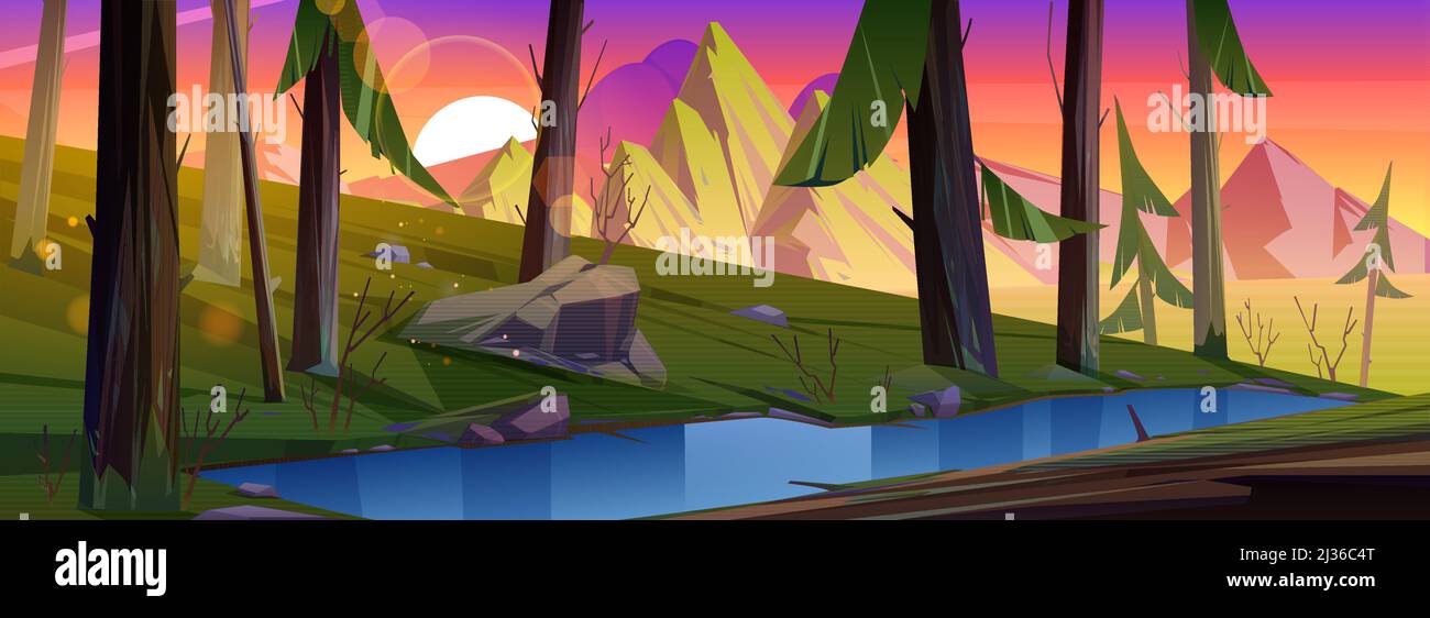 Mountain landscape with forest and water stream at sunset. Vector ...