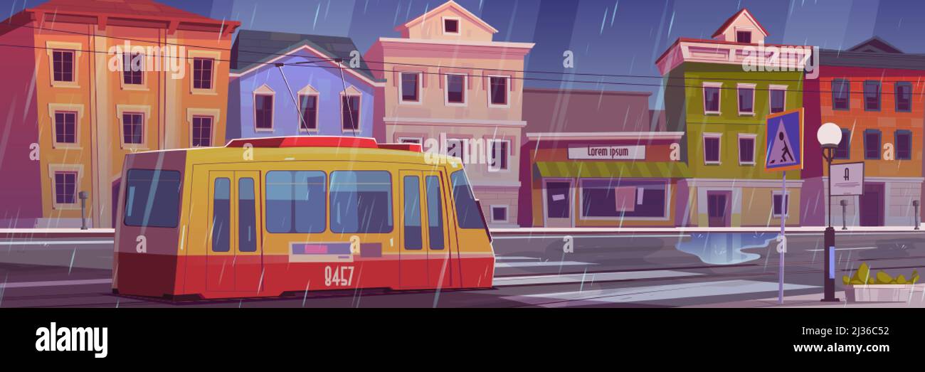 Rain on city street with houses, tram and empty car road with ...