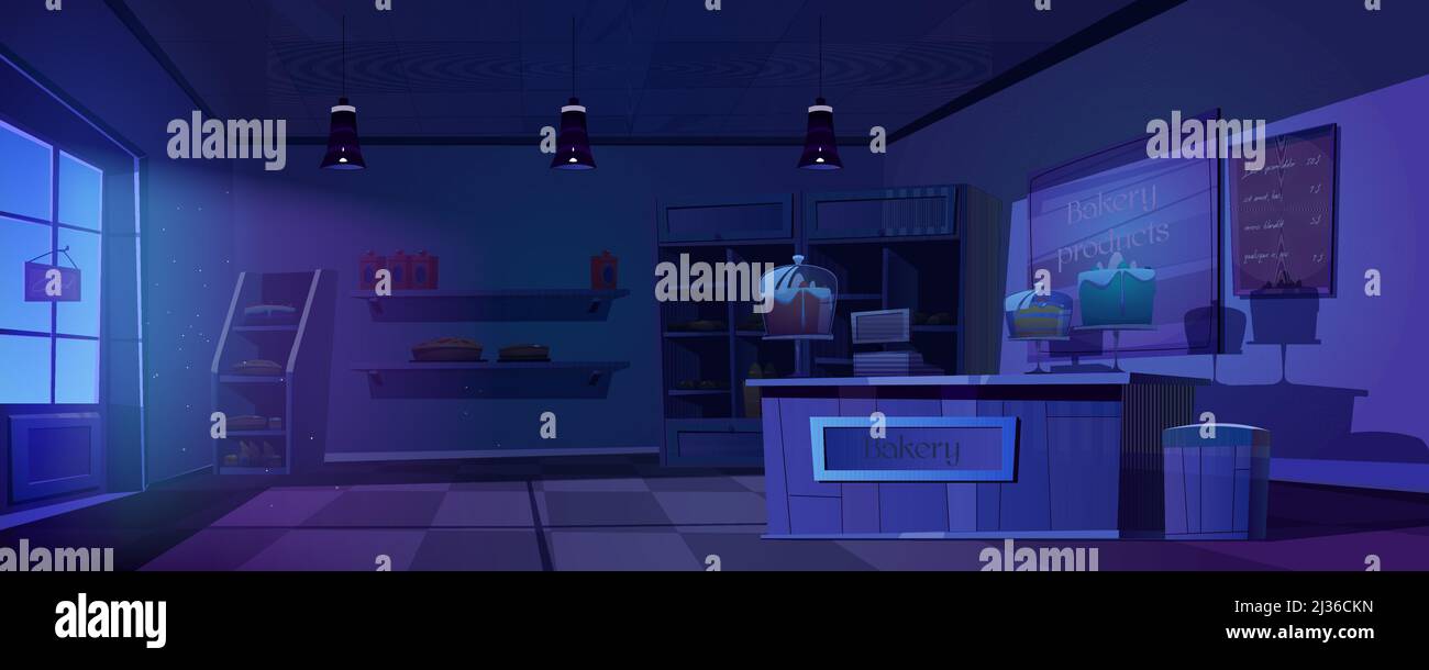 Bakery at night, empty dark bake house interior with products on ...